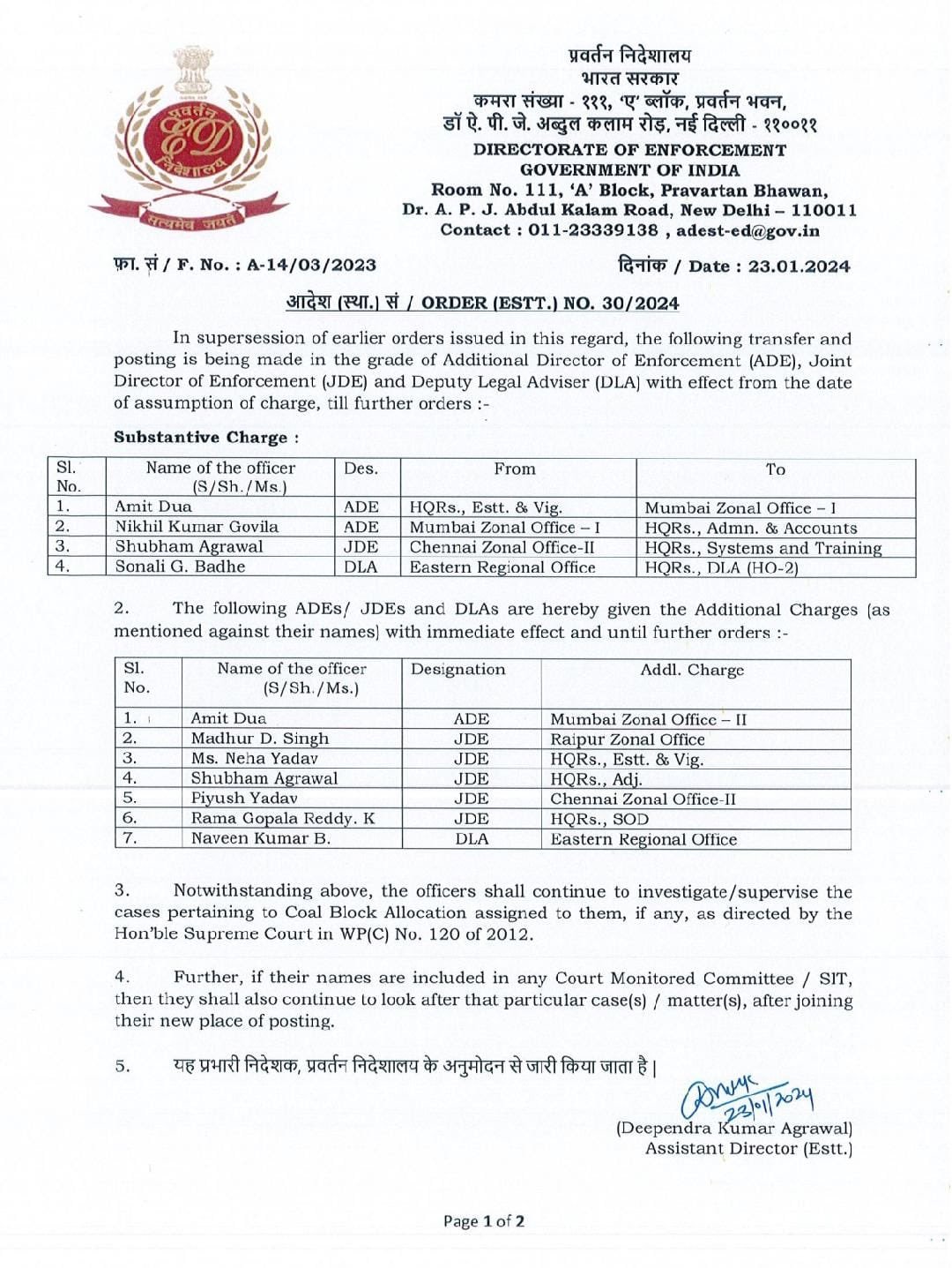 CG BREAKING : ED ने JDE मधुर डी सिंह को रायपुर जोनल दफ्तर का एडिशनल चार्ज सौंपा, देखें यहाँ ...